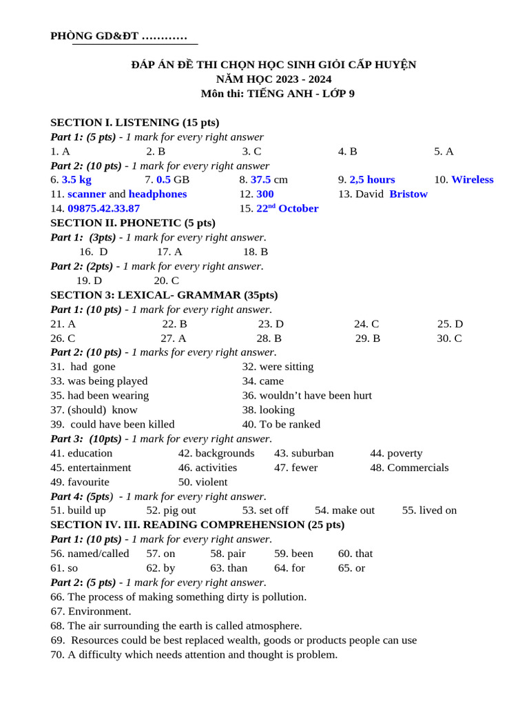 Dap An de HSG Anh 9 2023-2024 | PDF