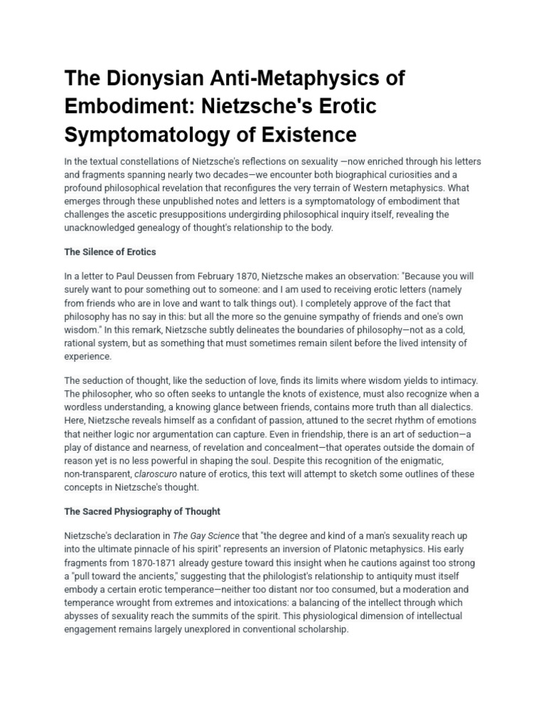 The Dionysian Anti-Metaphysics of Embodiment - Nietzsche's Erotic Symptomatology of Existence ...