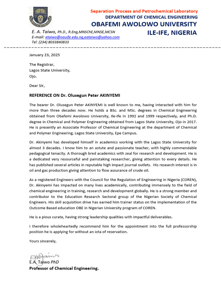 Recommendation for Dr. Olusegun Akinyemi | PDF