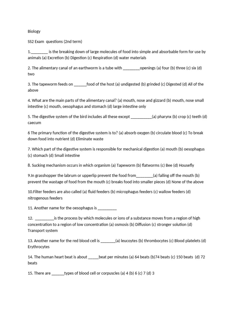 Biology-Ss2 Exam Question (2nd Term) | PDF | Blood | Digestion