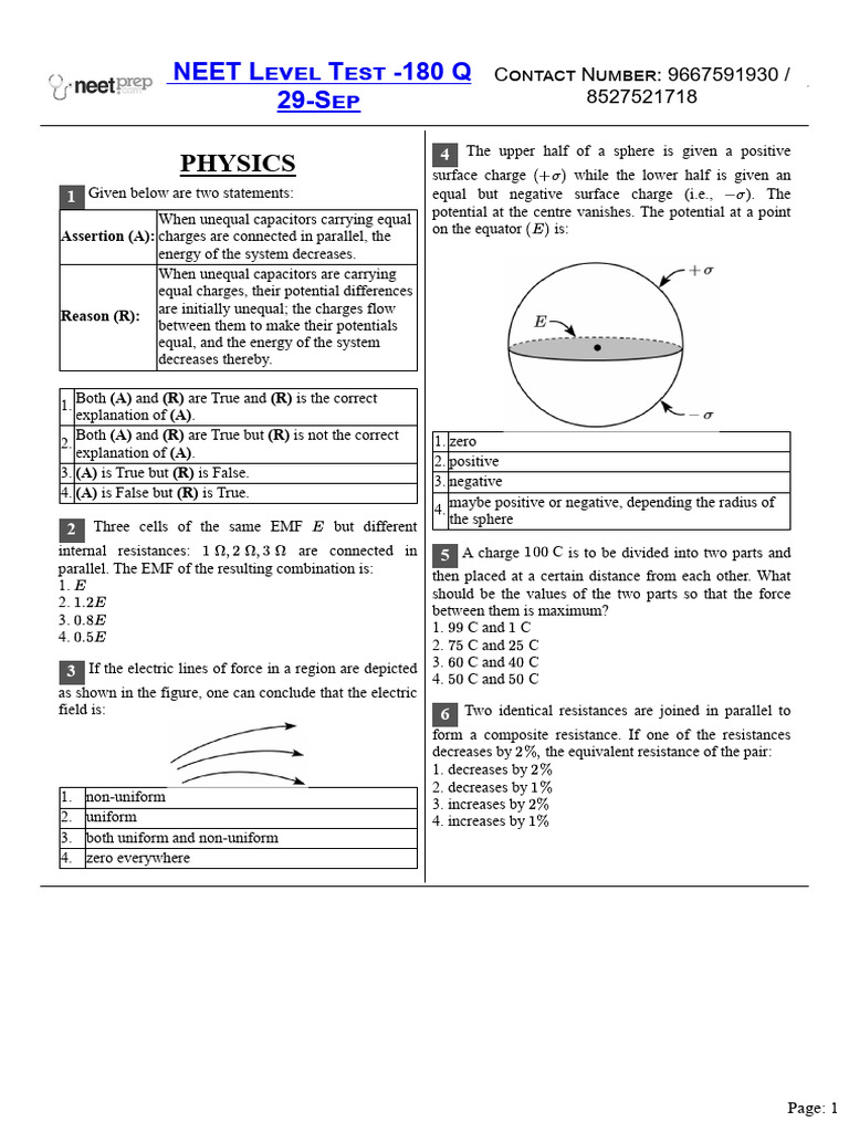 NEET Level Test - 180 Q 29-Sep | PDF | Capacitance | Capacitor