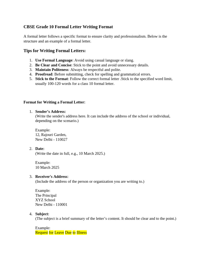 CBSE Grade 10 Formal Letter Writing Format | PDF | Madam