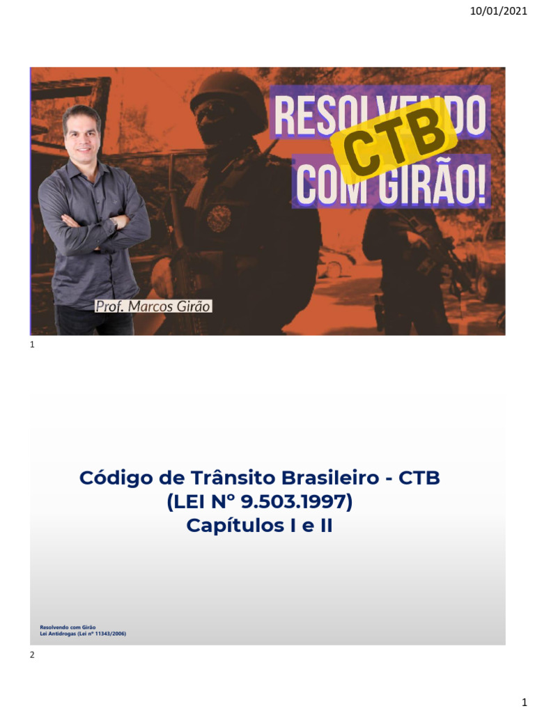 Resolvendo - CTB - Aula - 1 - Caps. I e II - Aluno - Pré | PDF | Tráfego | Polícia