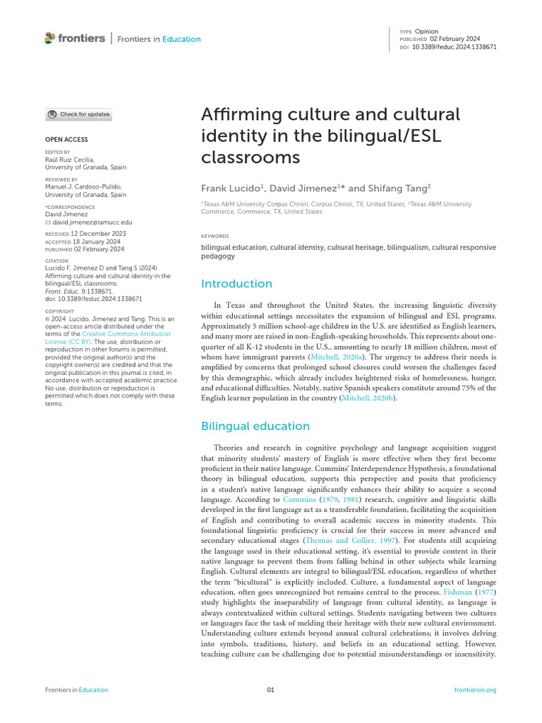 Affirming Culture and Cultural Identity in The Bilingual ESL Classrooms ...