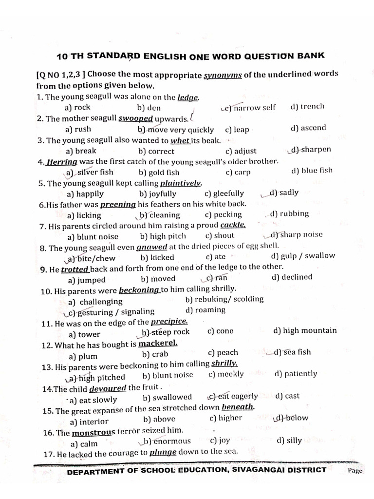 10th English One Word Question Bank | PDF