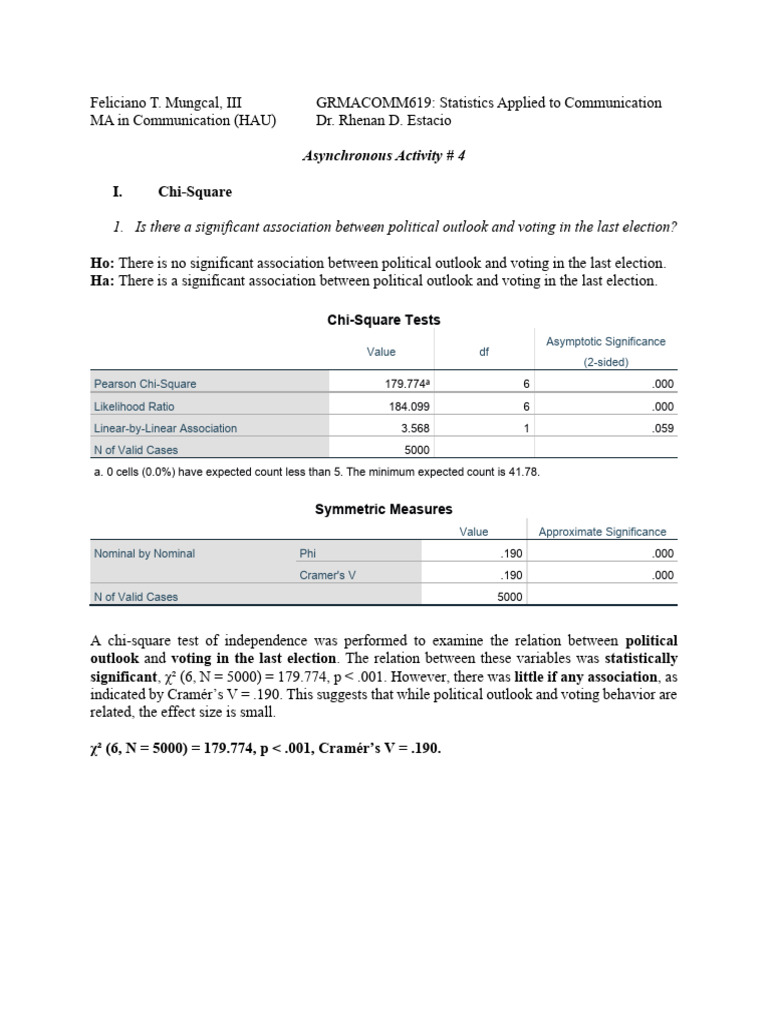 Chi-Square and Pearson R - Asynchronous Activity 4 | PDF | Chi Squared ...