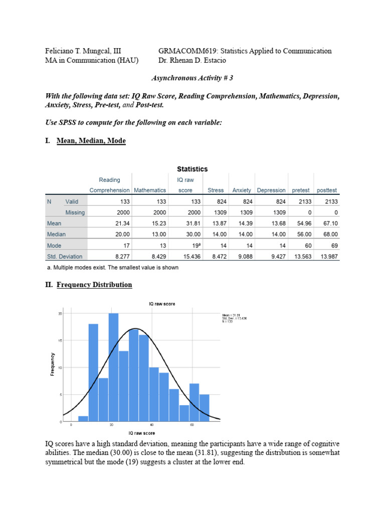 Mean, Median, Mode and Test For Normality - Asynchronous Activity 3 ...