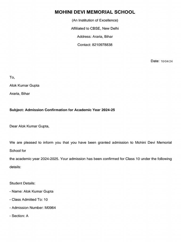 Admission Letter Alok Kumar Gupta Final | PDF