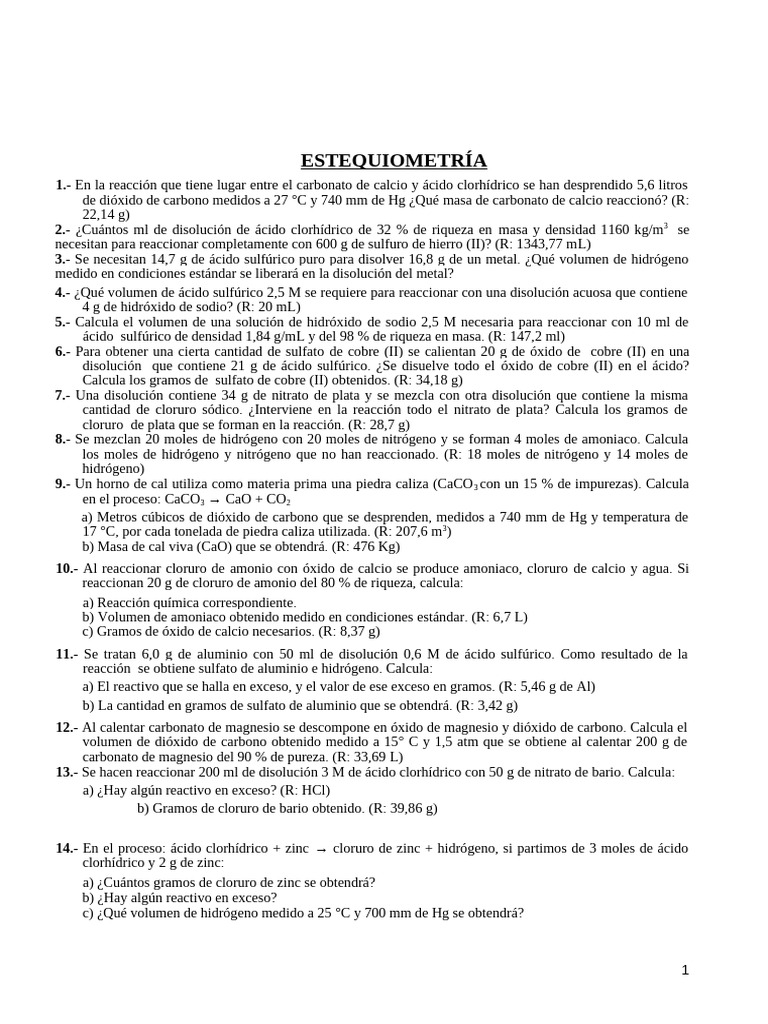 Estequiometría 1º Bach 23-24 | PDF | Ácido clorhídrico | Cloruro