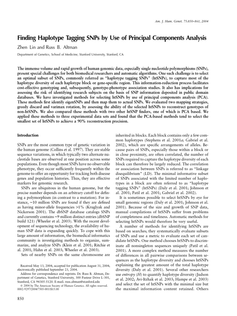 Finding Haplotype Tagging SNPs by Use of Principal Components Analysis | PDF | Principal ...