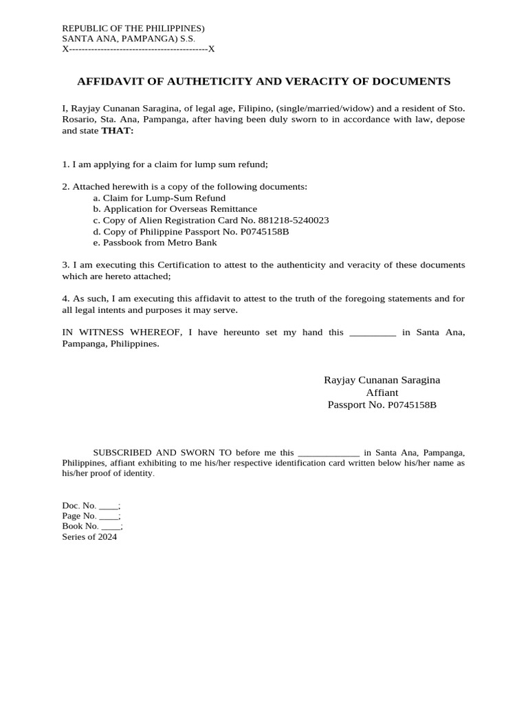 Affidavit of Authenticity and Veracity of Documents | PDF