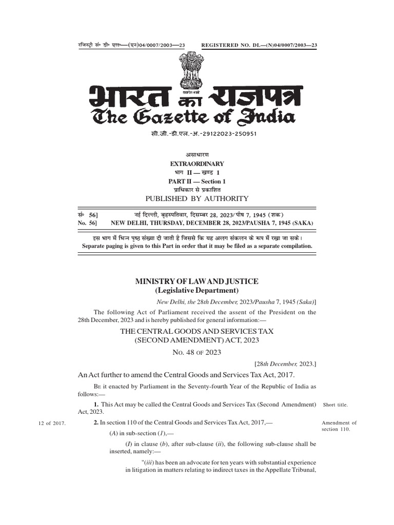 Central GST Second Amendment Act 2023 | PDF | Taxes | Government