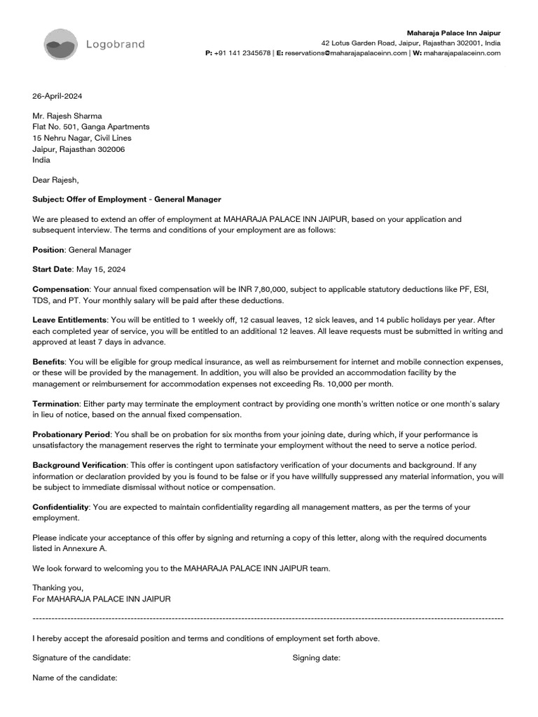 General Manager Job Offer Letter | PDF | Employment | Business