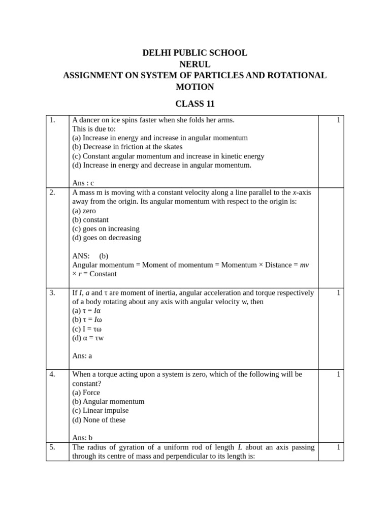 Class 11 Rotational Motion Assignment | PDF | Rotation Around A Fixed ...