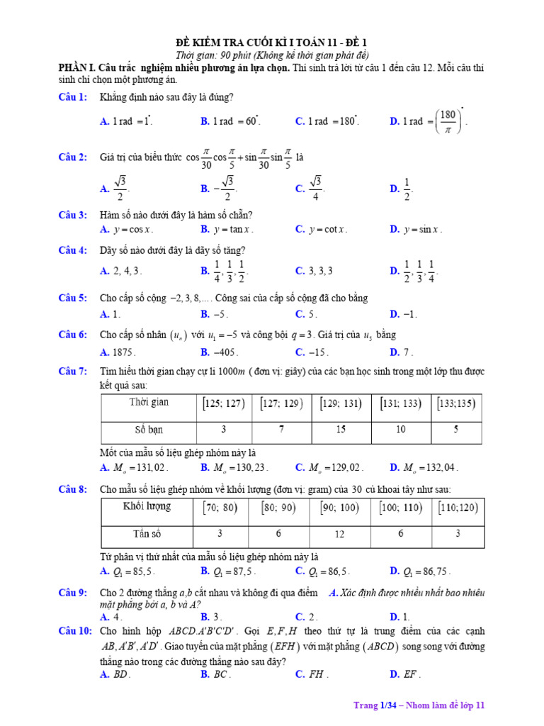 10 Đề ôn CK1 Toán 11 - HS | PDF