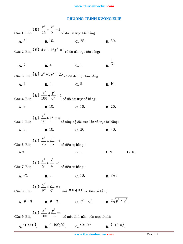 Thuvienhoclieu.com BT Trac Nghiem Phuong Trinh Elip | PDF