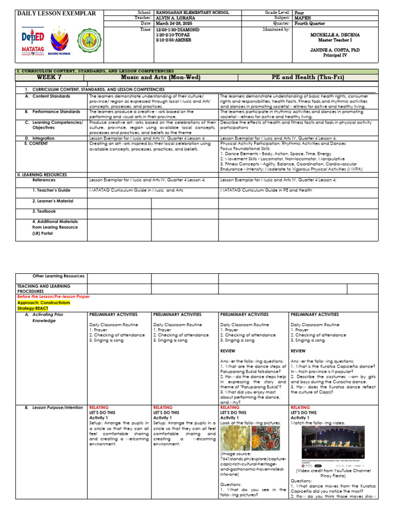 Q4-W7-DLP_MAPEH | PDF | Physical Education | Curriculum