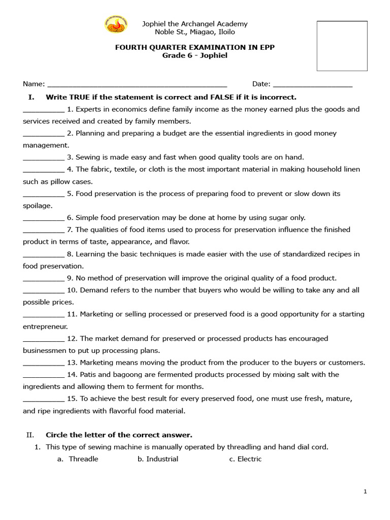 EPP 6 4th Quarter Examination 2024 | PDF | Food Preservation | Foods