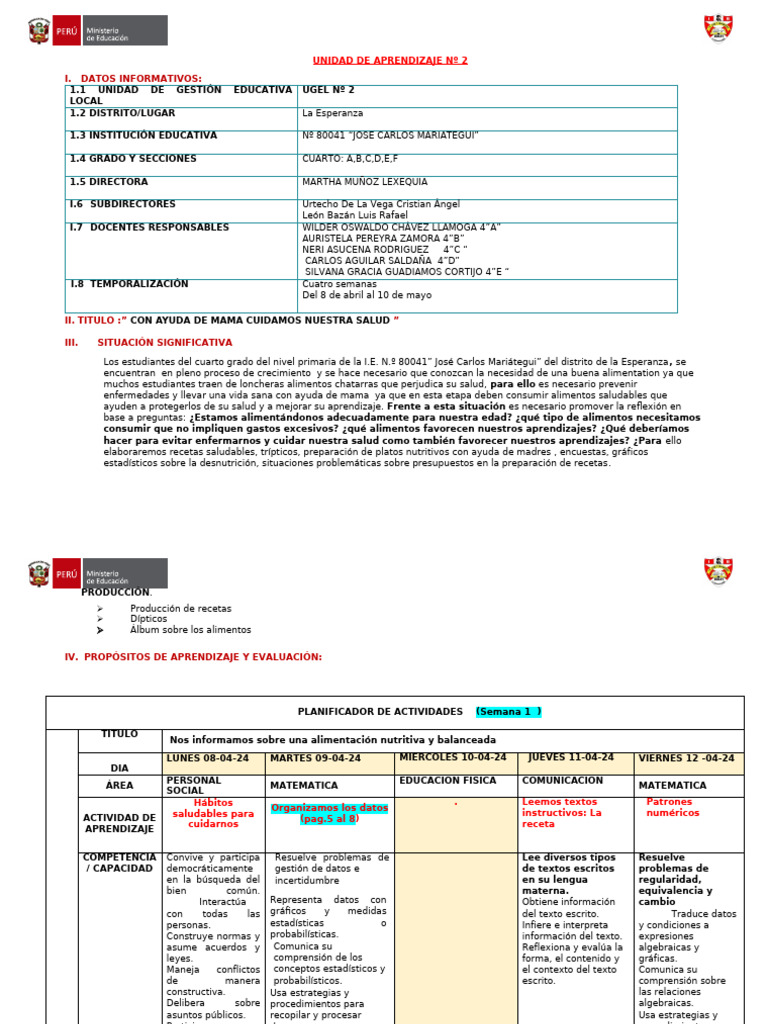 UNIDAD 2 CUARTO GRADO mejorado | PDF | Aprendizaje | Matemáticas