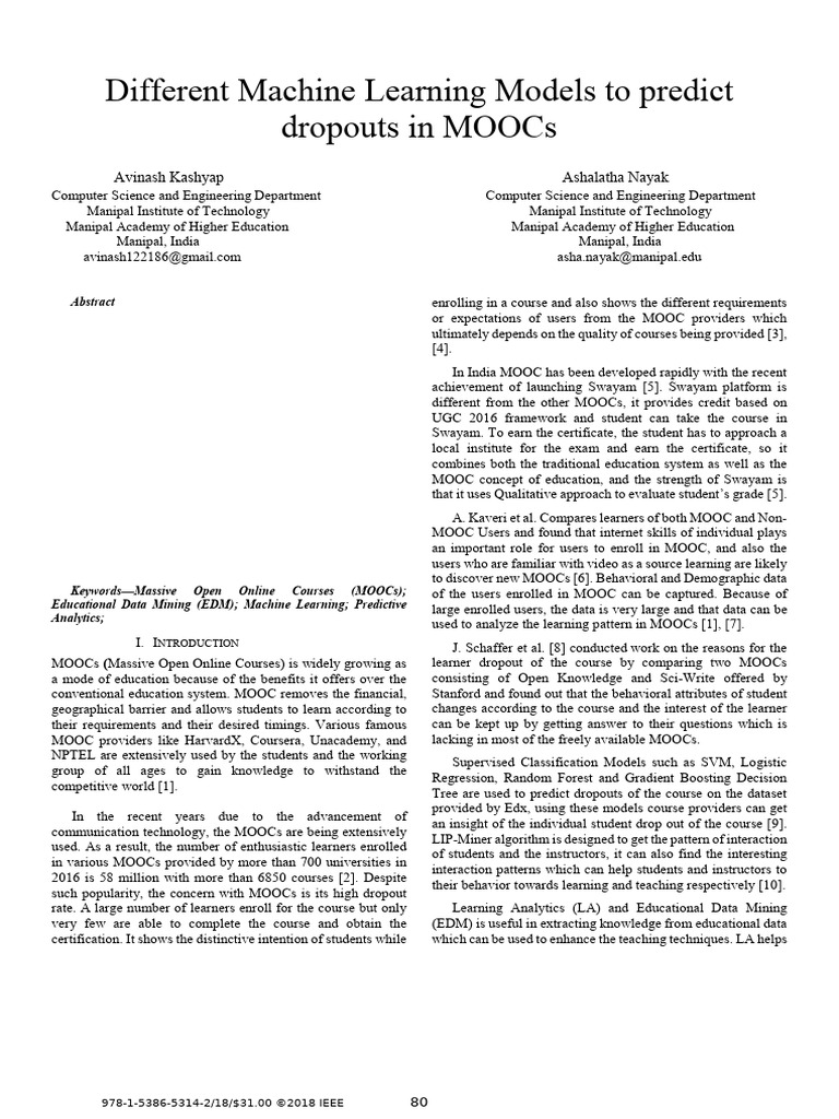 Different Machine Learning Models To Predict Dropouts in MOOCs | PDF | Support Vector Machine ...