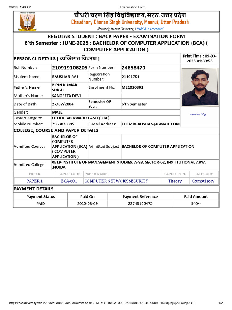 6th Sem Back Examination Form | PDF