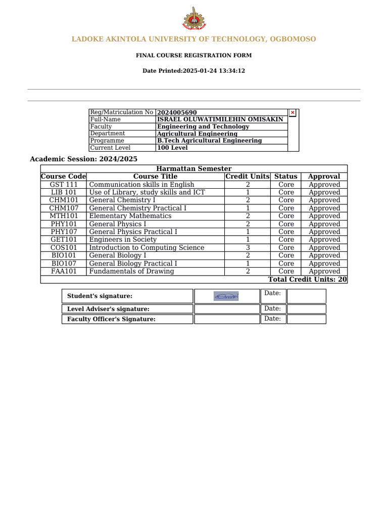 CourseRegistrationForm Omisakin 2024005690 2024 2025 | PDF