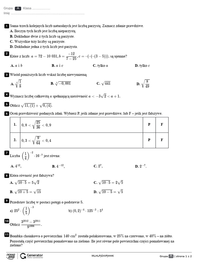 Liczby Rzeczywiste - Zadania Powtórzeniowe. Test (Bez Widocznej ...