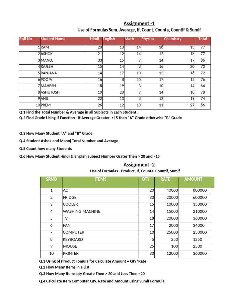 50 Ms Excel Assignments PDF for Practice Free Download (1) | PDF ...
