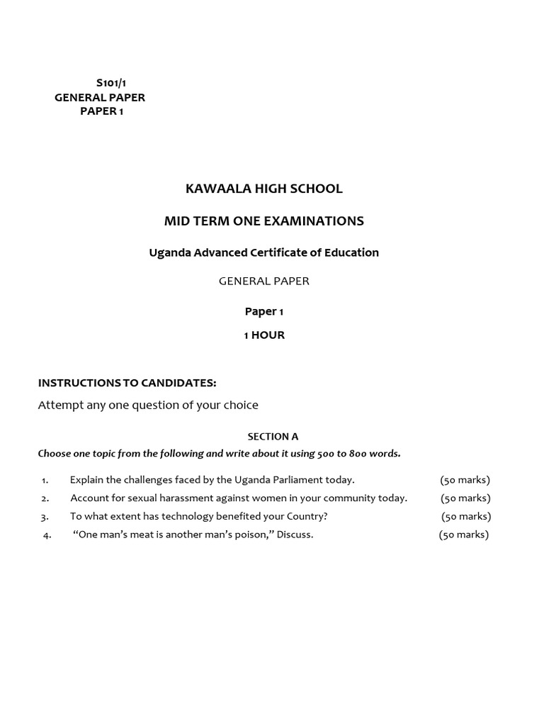 Kawaala High School Mid Term One Examinations: S101/1 General Paper ...