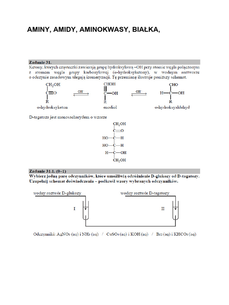 Aminy, Amidy, Aminokwasy, Białka, Sacharydy - Zadania Maturalne | PDF