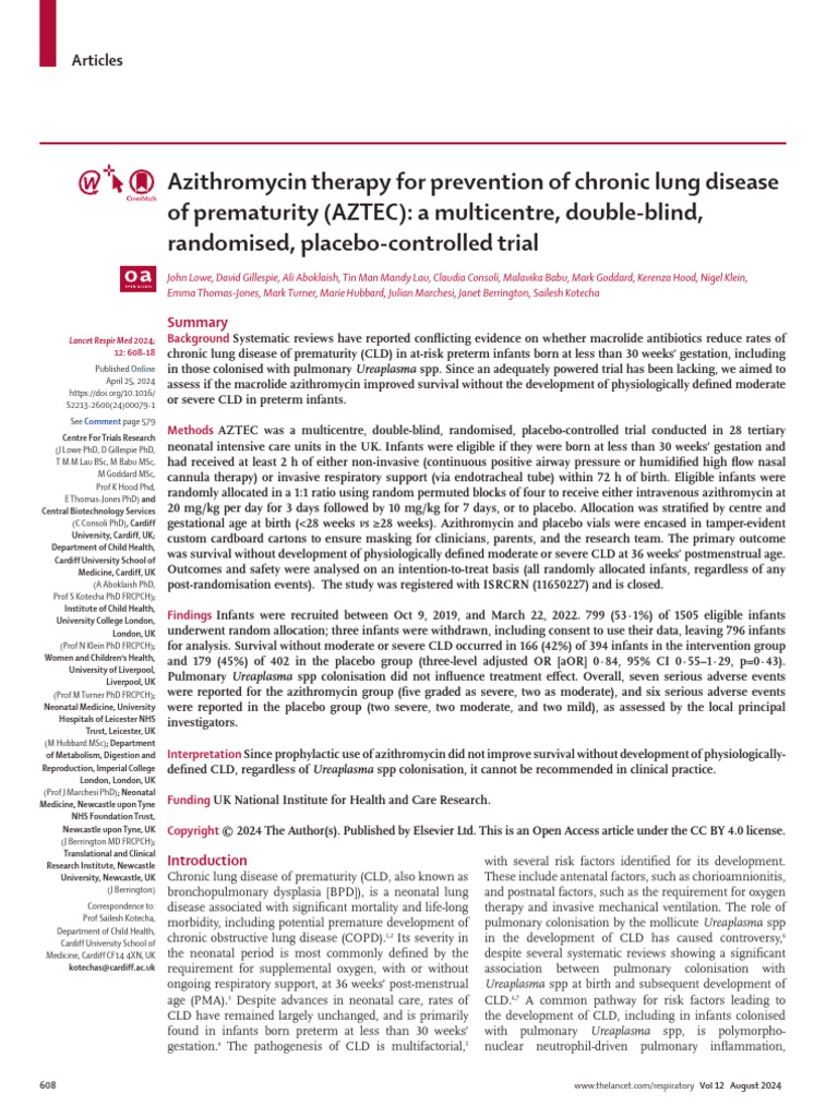 Azithromycin Therapy For Prevention of Chronic Lun | PDF | Preterm Birth | Medical Specialties