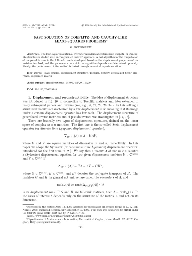 Fast Solution of Toeplitz-And Cauchy-Like Least-Squares Problems | PDF | Matrix (Mathematics ...