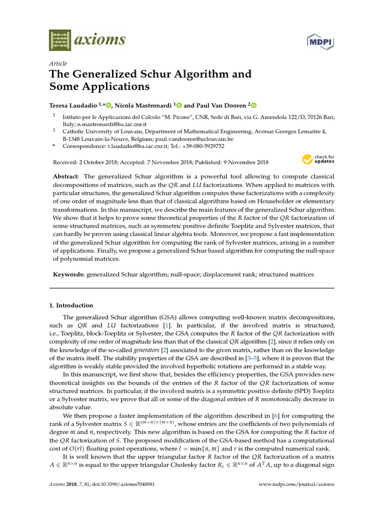 The_Generalized_Schur_Algorithm_and_Some_Applicati | PDF | Matrix (Mathematics) | Factorization