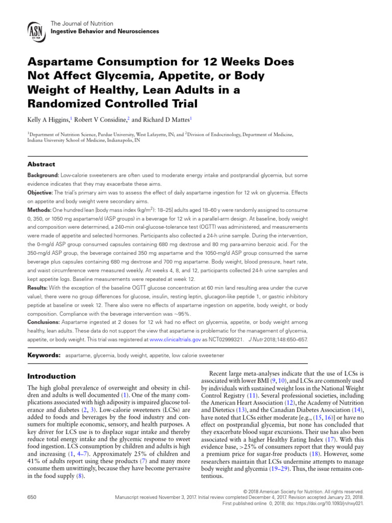 Aspartame Consumption for 12 Weeks Does Not Affect Glycemia, Appetite ...