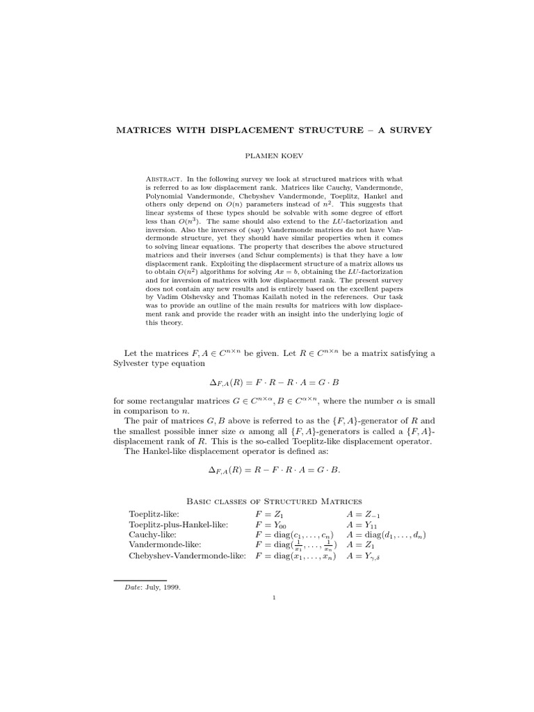 Matrices With Displacement Structure | PDF | Matrix (Mathematics) | Operator Theory