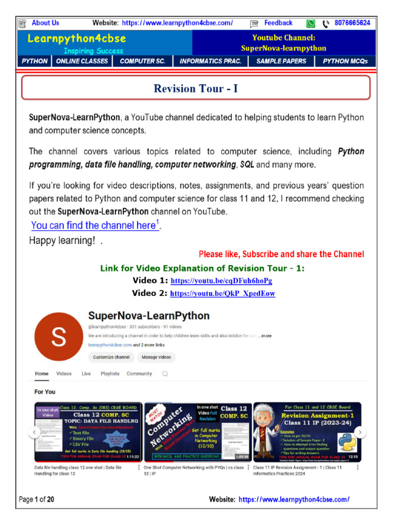 1. Python Revision Tour – I | PDF