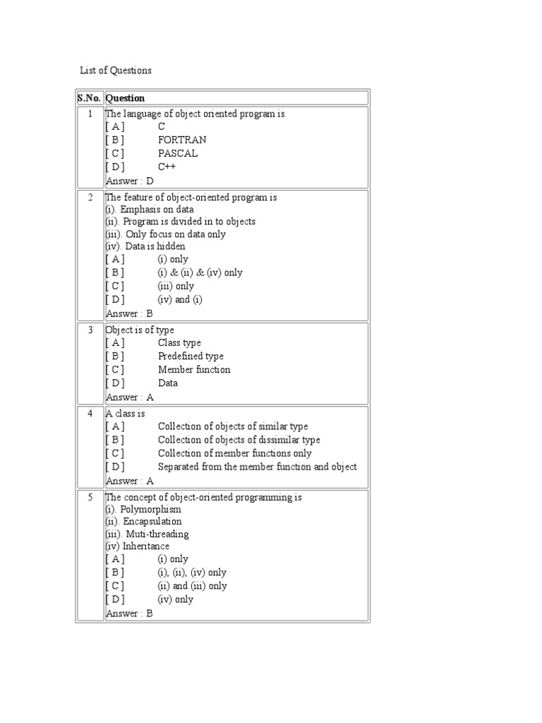 Object Oriented Programming Concepts A Comprehensive List Of Questions On C Oops Features