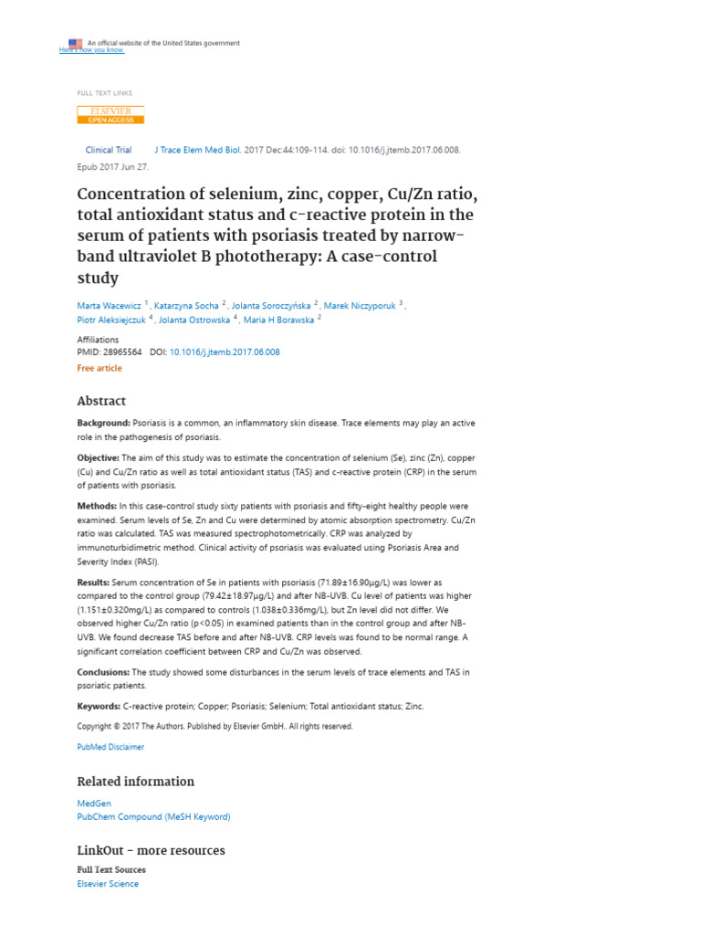 Psoriasis - Low Selenium High Copper - Perhaps LOW RBC Zinc | PDF | C ...