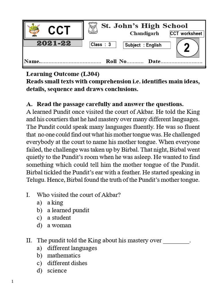 Class 3 English (CCT Worksheet 2) | PDF