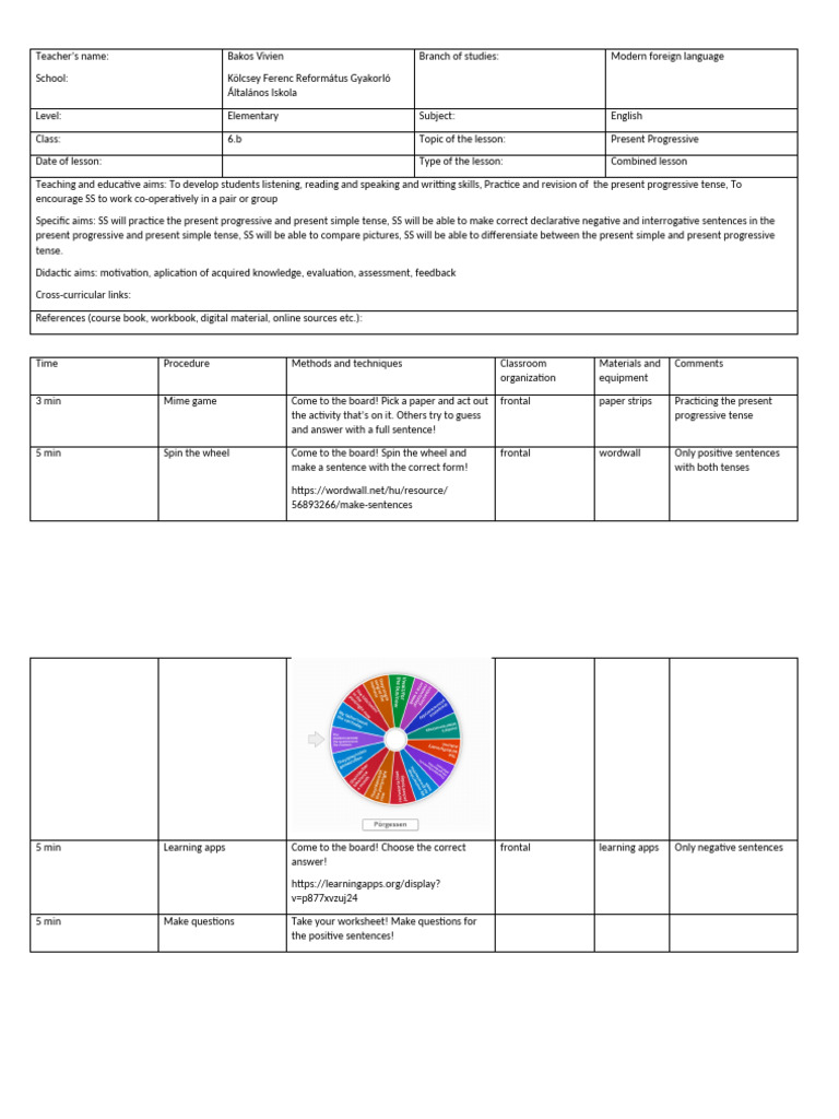 Present Progressive Lesson Plan for 6.b | PDF | Language Education ...