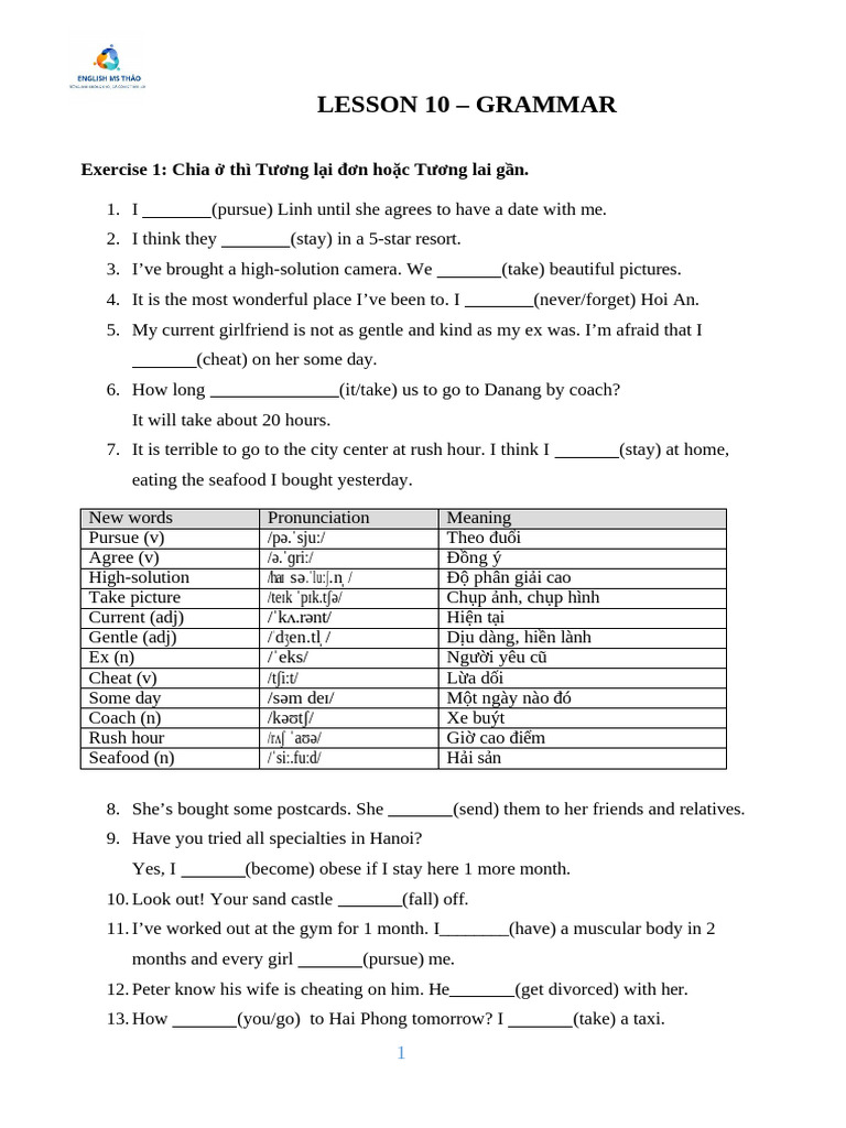 Lesson 10 - Homework with vocabulary | PDF