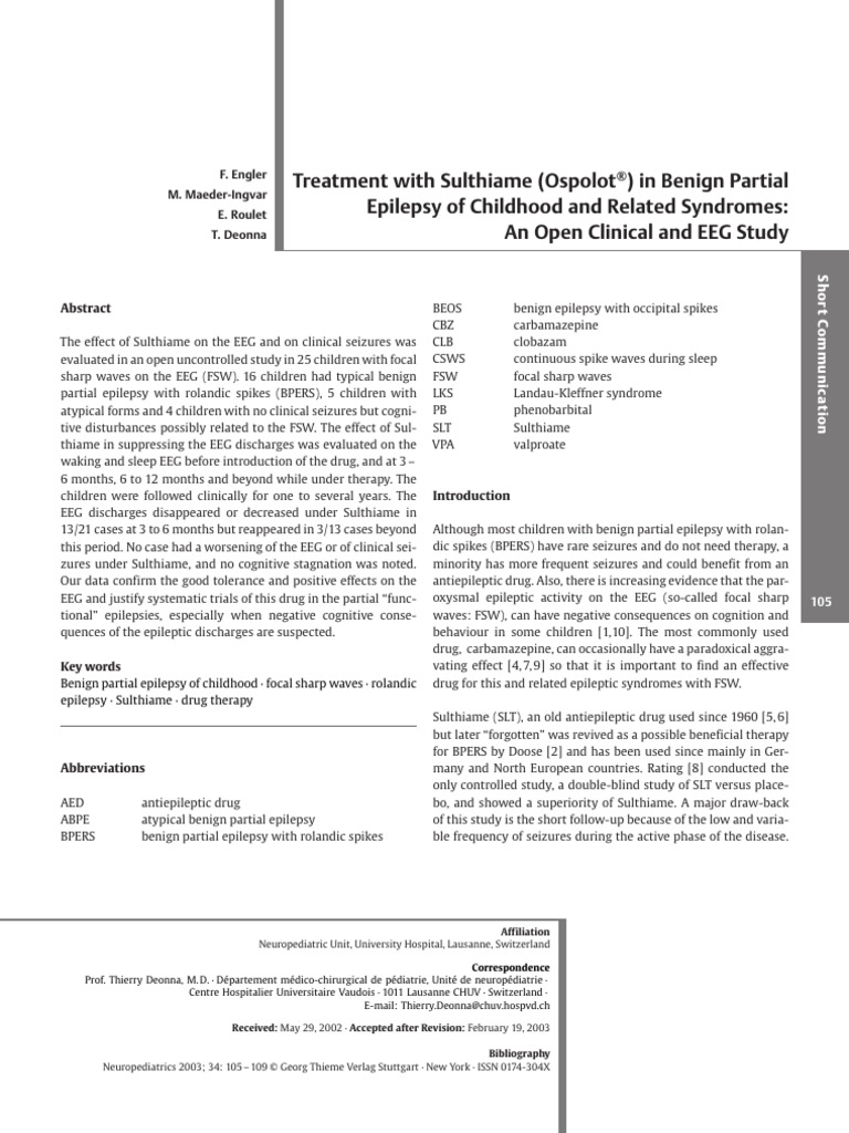 Treatment With Sulthiame Ospolot in Benign Partial Epilepsy of C 2003 ...