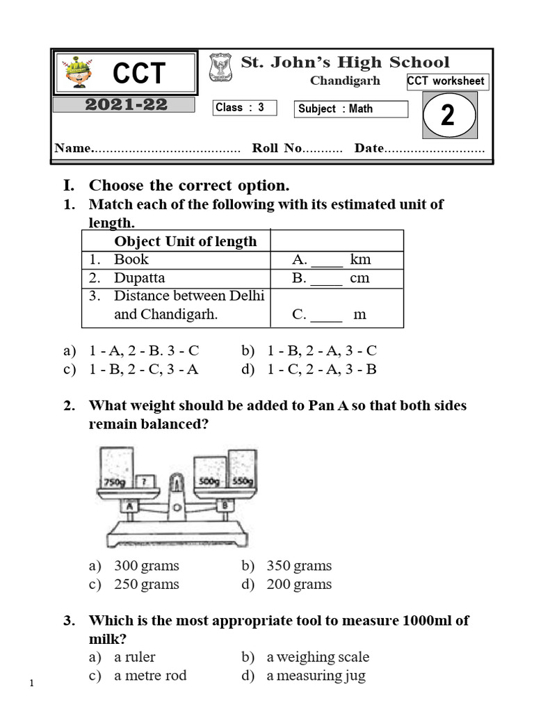 Class 3 Maths (CCT Worksheet 2) | PDF | Metre | Quantity