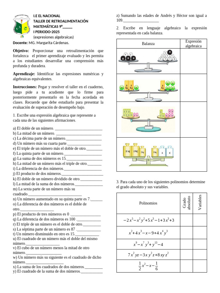 TALLER DE RETROALIMENTACIÓN 1 | PDF | Álgebra | Matemáticas