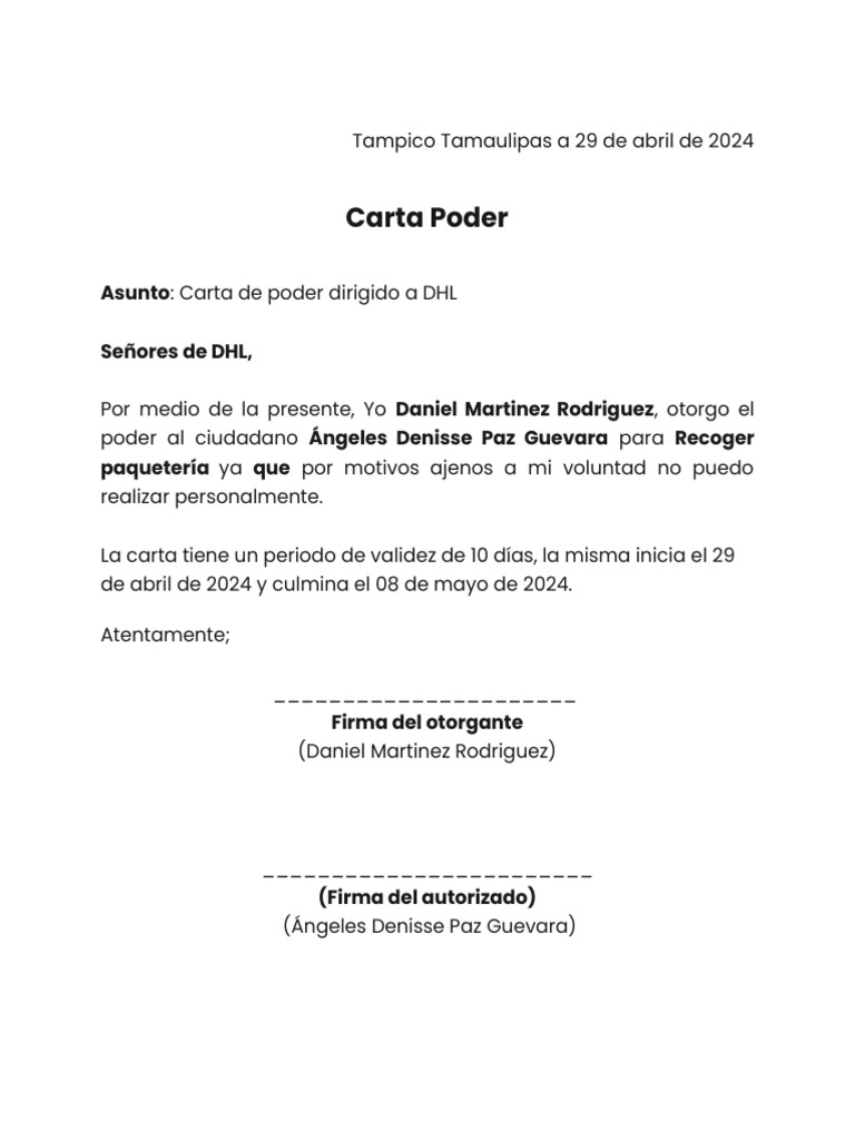 Carta Poder para Recoger Paquetería DHL | PDF