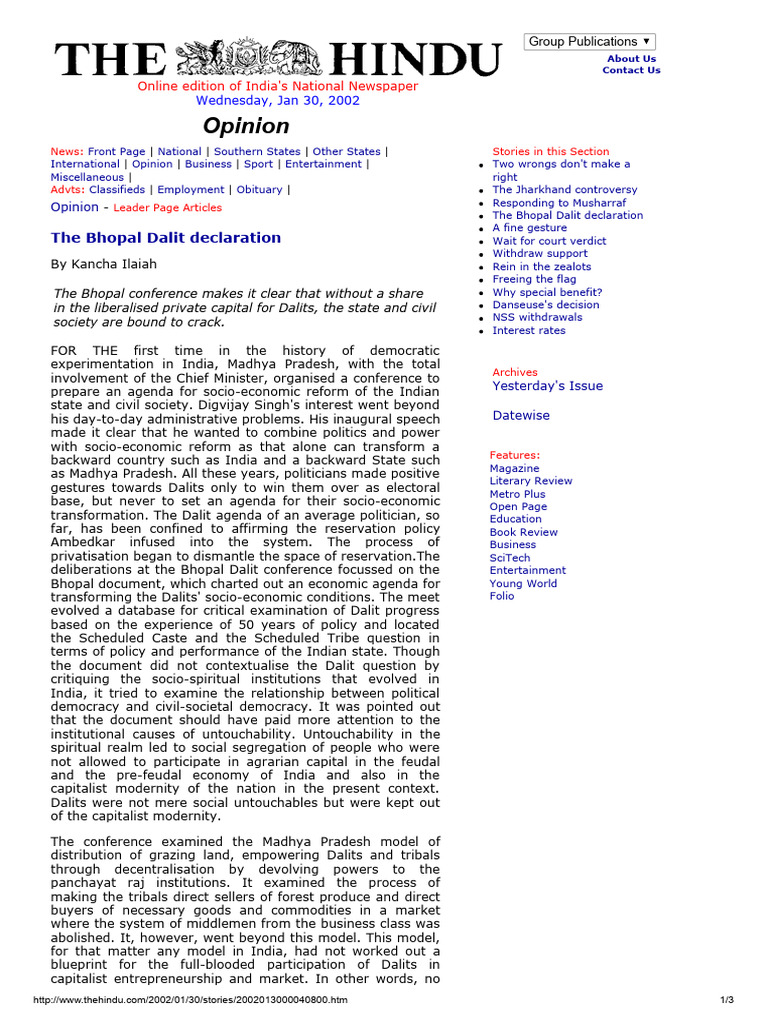 The Hindu _ The Bhopal Dalit declaration | PDF | Dalit | Caste