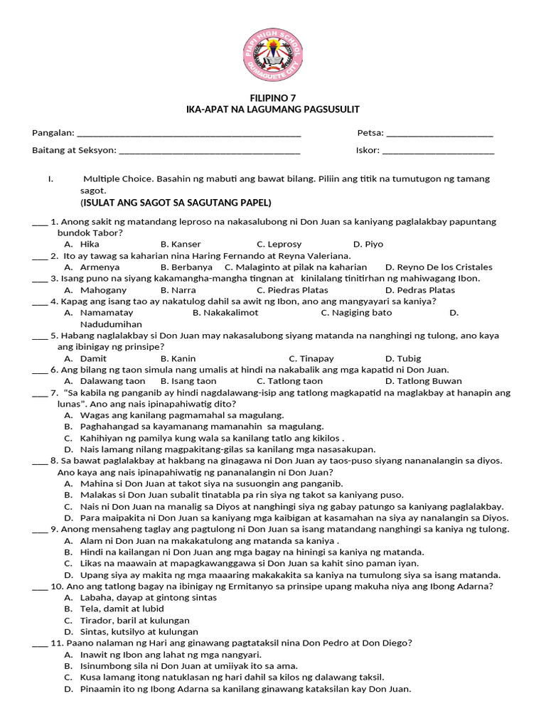 PAGSUSULIT-FILIPINO-7 | PDF