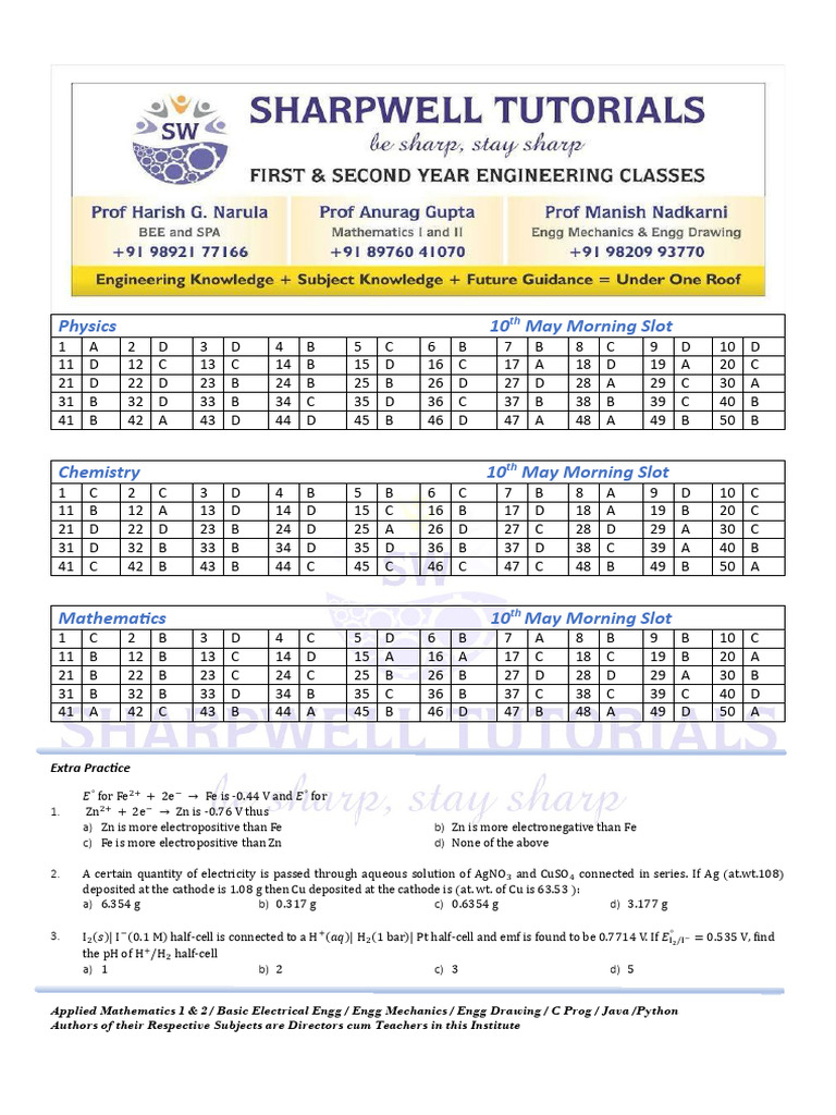 10-May2023 CET PCM Morning Answer Key | PDF | Metals | Chemical Elements