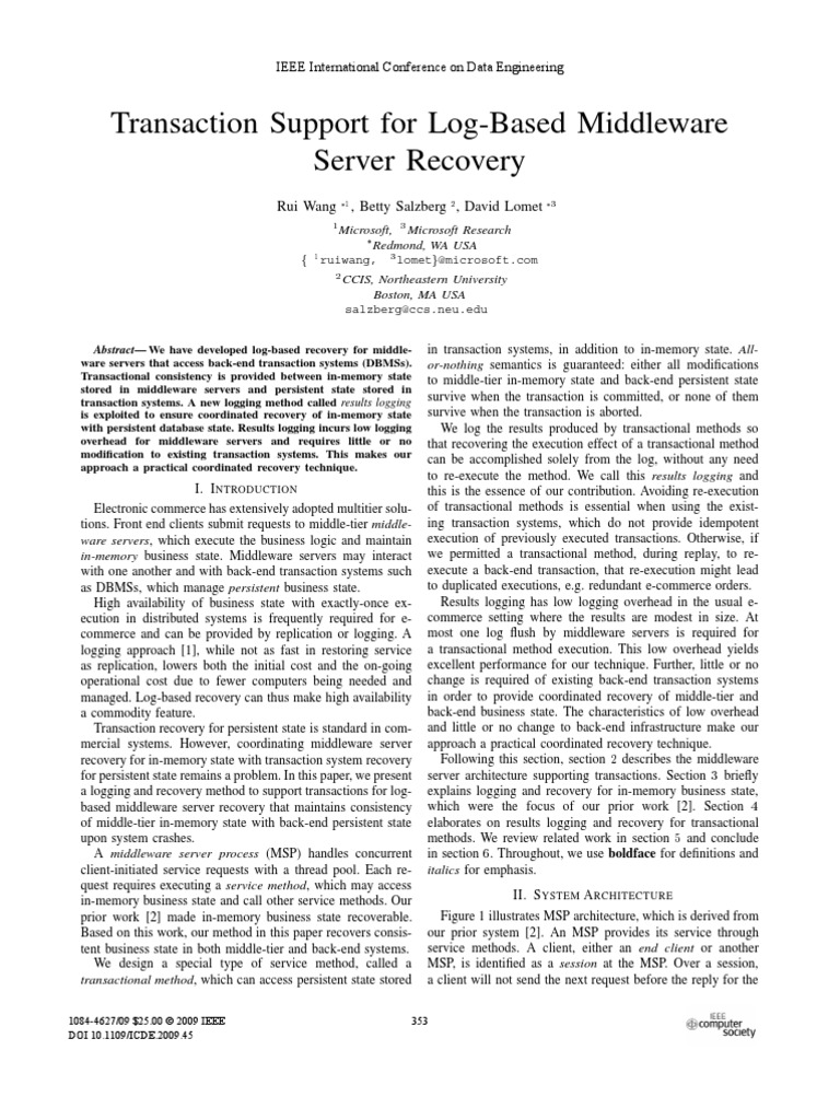 Transaction Support For Log-Based Middleware Server Recovery | PDF | Database Transaction ...