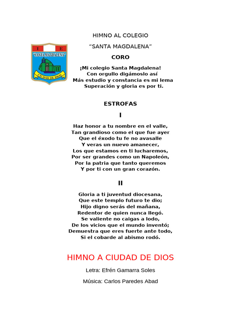 Himno Al Colegio Santa Magdalena | PDF